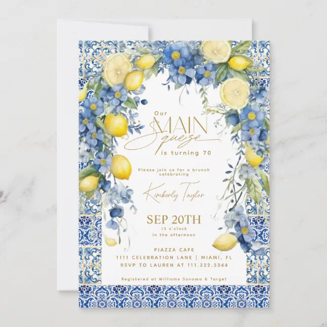 Main Squeeze Italy Lemon Blue Tiles Birthday Invitation | Zazzle