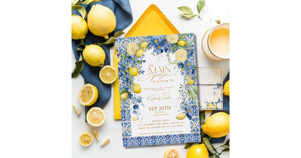 Main Squeeze Italy Lemon Blue Tiles Birthday Invitation | Zazzle