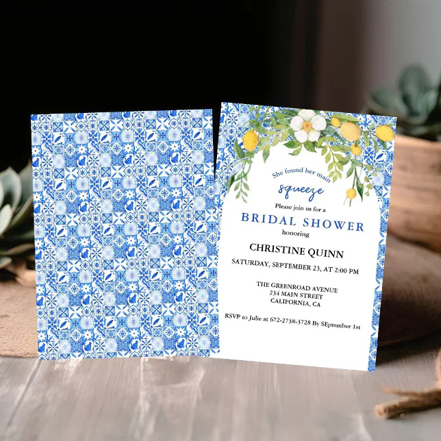 Main Squeeze Lemon and Moroccan Tile Bridal Shower Save The Date | Zazzle