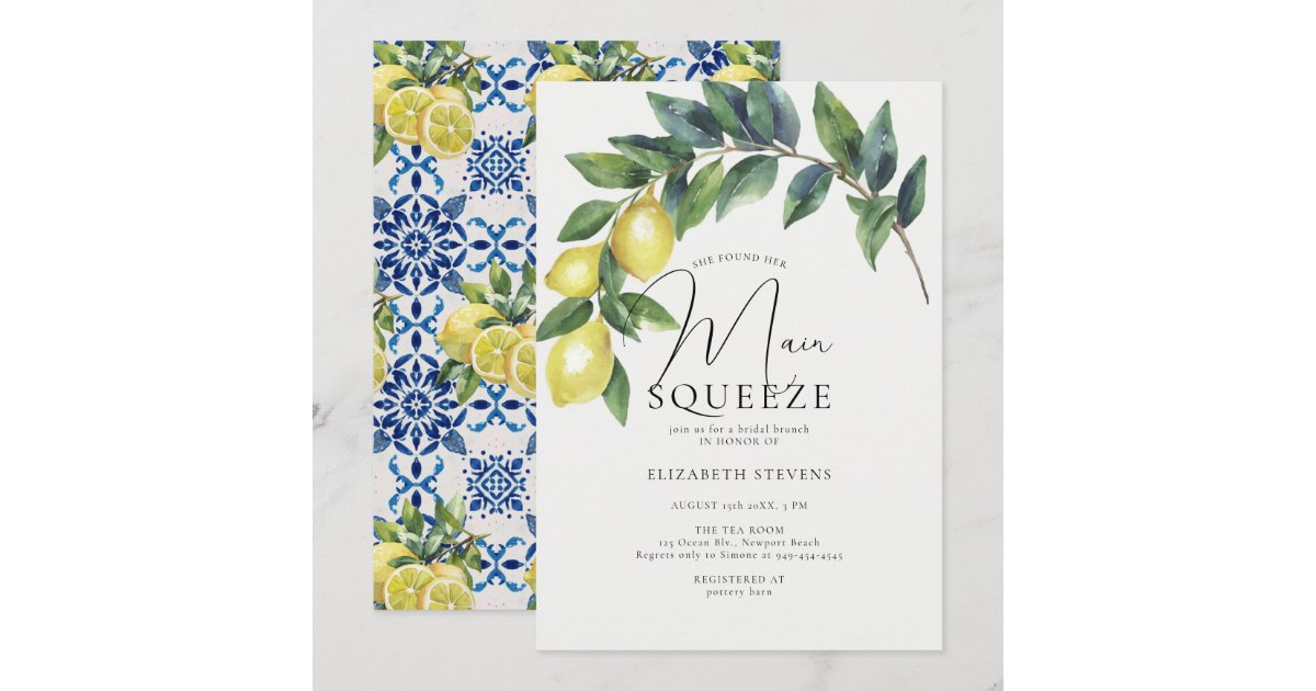 Main Squeeze Lemon Arch Blue Tiles Bridal Shower Invitation | Zazzle