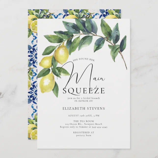 Main Squeeze Lemon Arch Blue Tiles Bridal Shower Invitation | Zazzle