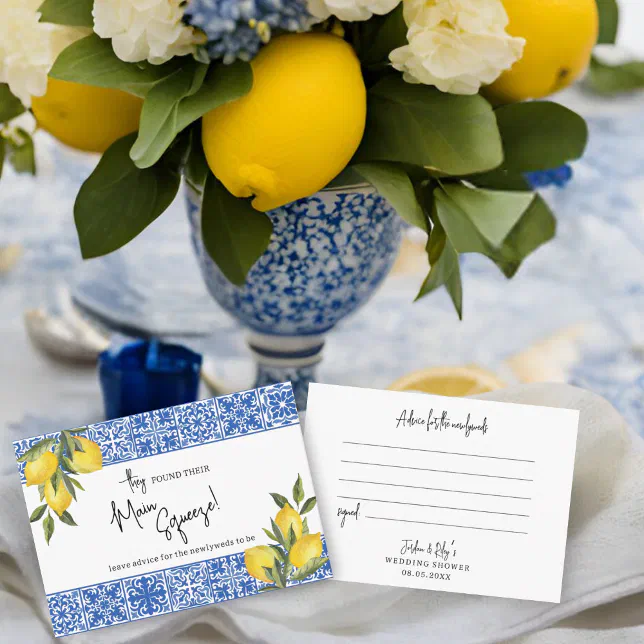 Main Squeeze Lemon Blue Tile Wedding Shower Advice Enclosure Card | Zazzle