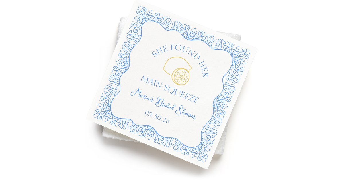 Main Squeeze Lemon & Blue Tiles Bridal Shower Napkins | Zazzle