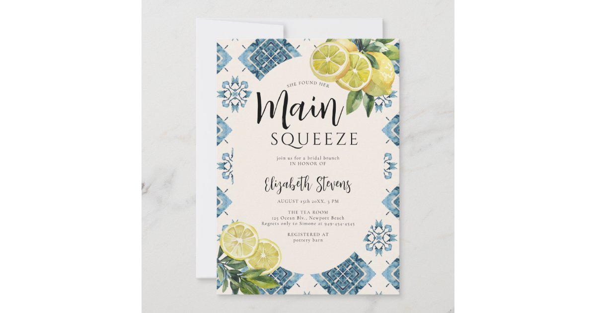 Main Squeeze Lemon Blue Tiles Citrus Bridal Shower Invitation | Zazzle