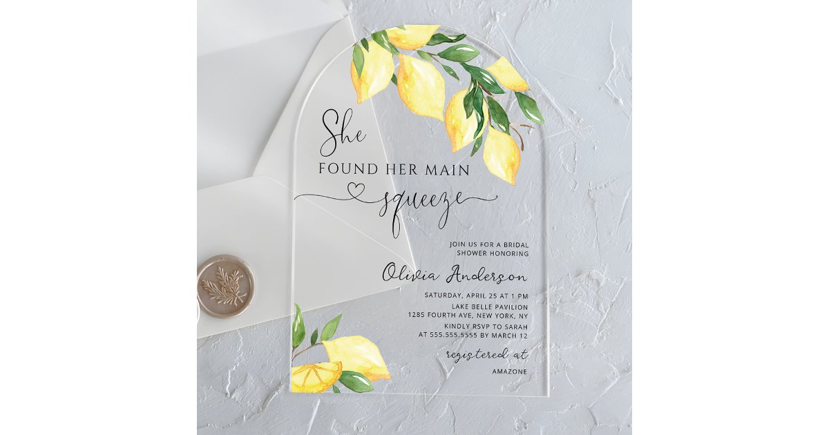 Main Squeeze Lemon Citrus Bridal Shower Acrylic Invitations | Zazzle