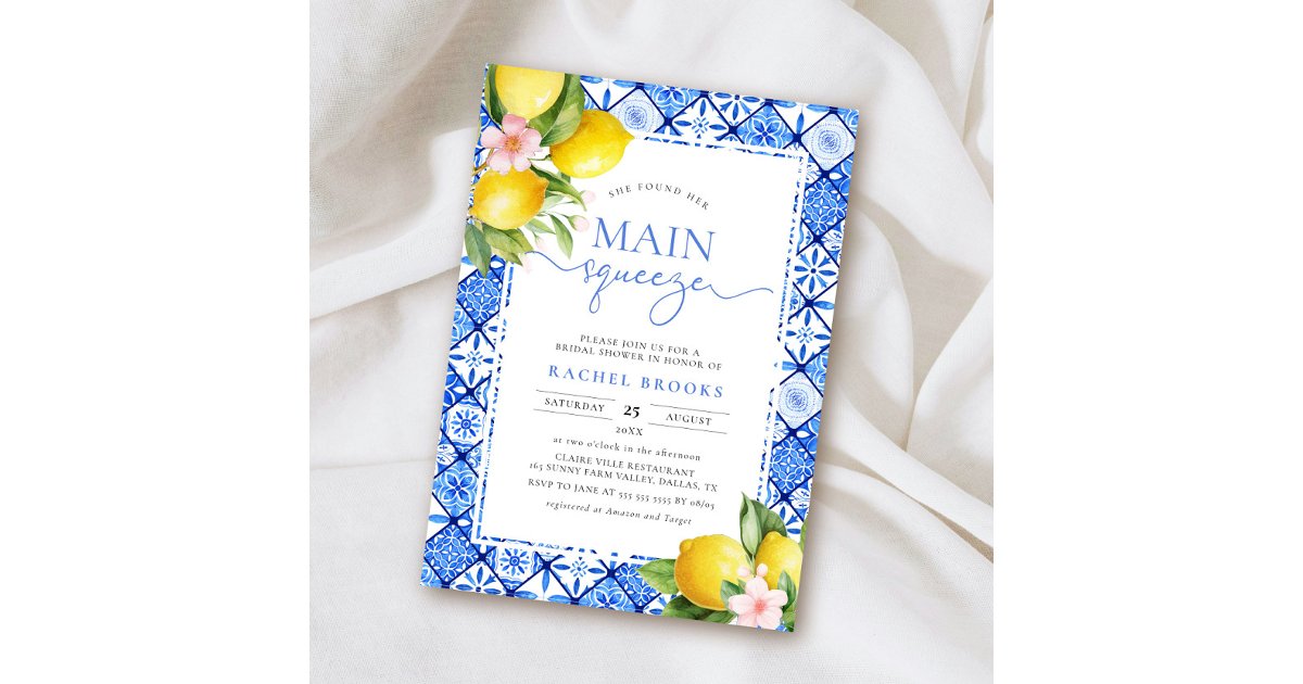 Main Squeeze Lemon Italian Blue Tile Bridal Shower Invitation | Zazzle