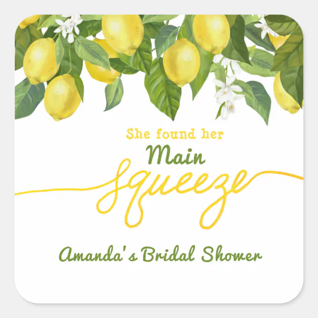 Main Squeeze Lemon Theme Wedding Bridal Shower Square Sticker | Zazzle