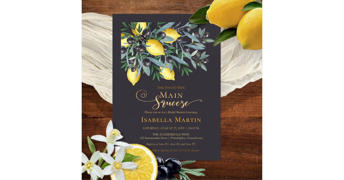 Main Squeeze Lemons | Black Olives Bridal Shower Foil Invitation | Zazzle
