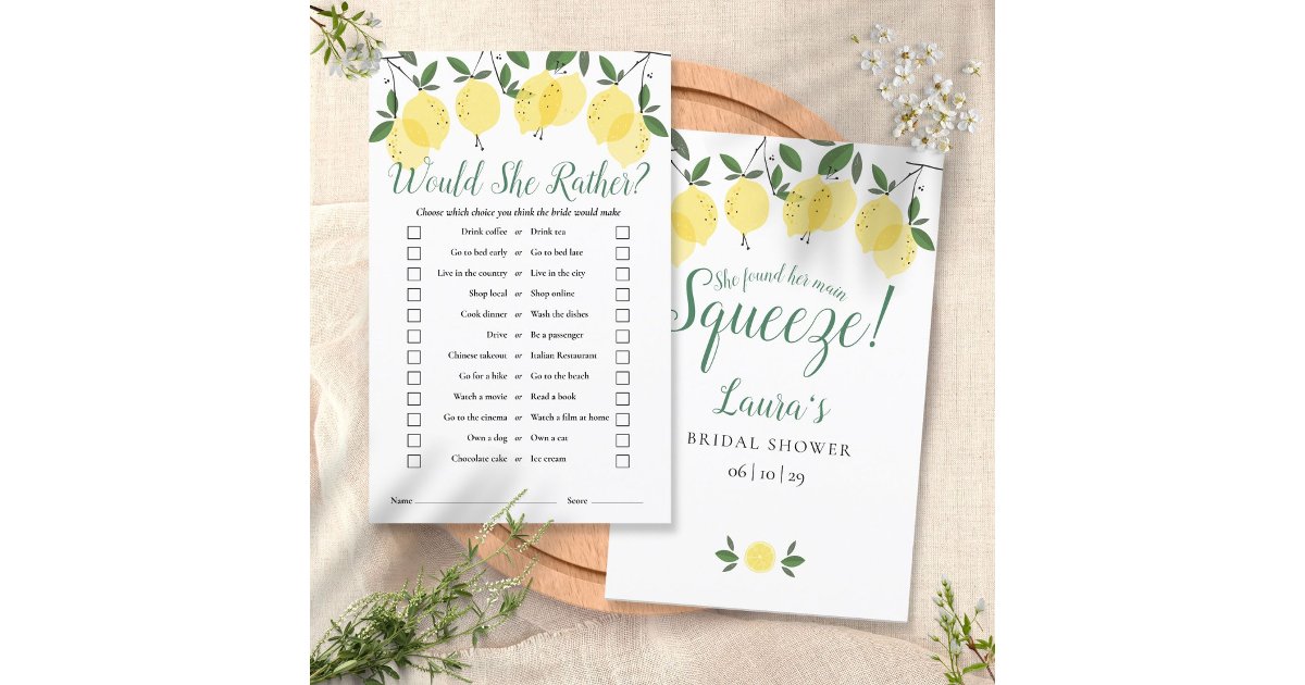 Main Squeeze Lemons Would She Bridal Shower Game | Zazzle