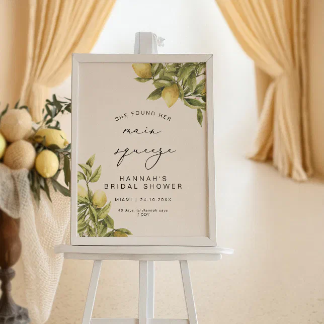 Main squeeze Yellow Lemon Bridal Shower welcome Poster | Zazzle