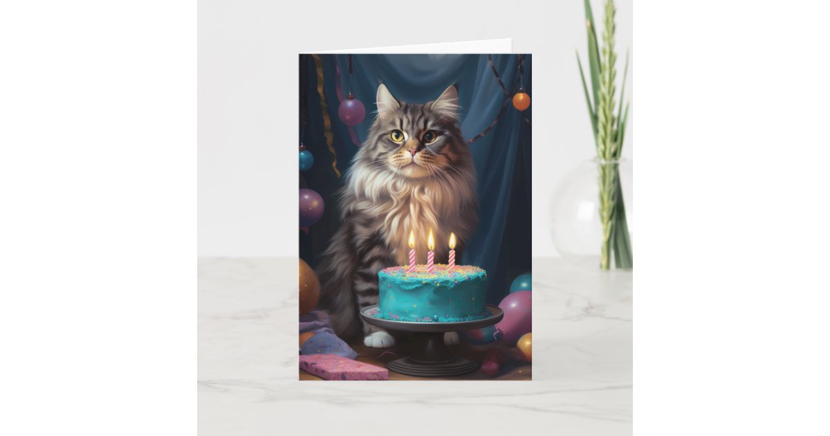 Maine Coon Cat with Birthday Cake Card | Zazzle