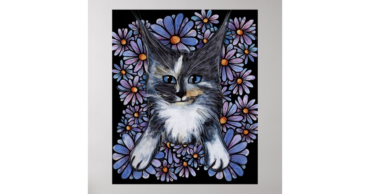 Maine Coon Dilute Calico Cat Purple Daisy Poster | Zazzle
