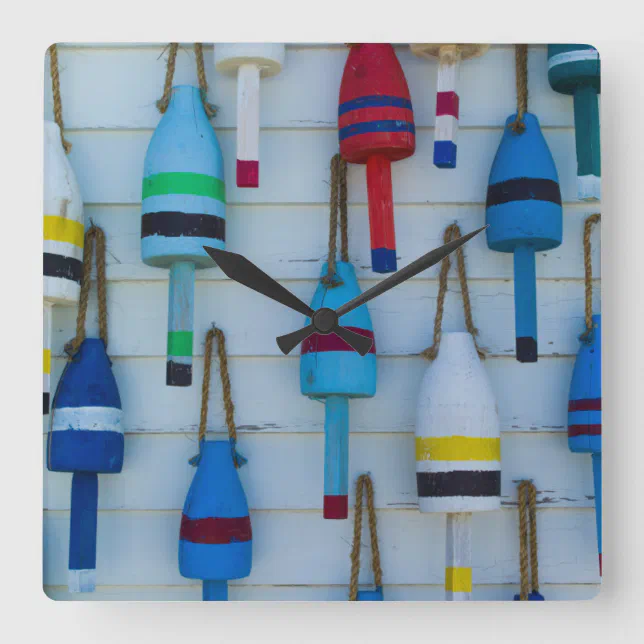 Maine, Stonington, decorative lobster buoys Square Wall Clock | Zazzle