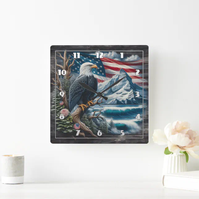 Majestic Eagle Overlooking Mountain and Ocean Square Wall Clock | Zazzle