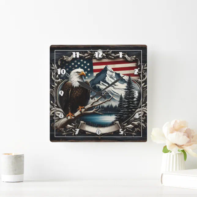 Majestic Eagle With American Flag Background Square Wall Clock | Zazzle