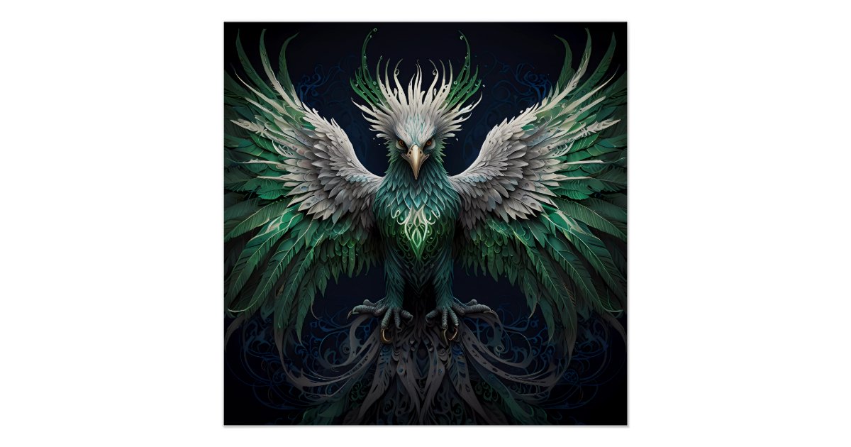 Majestic Green & White Phoenix Bird Poster | Zazzle