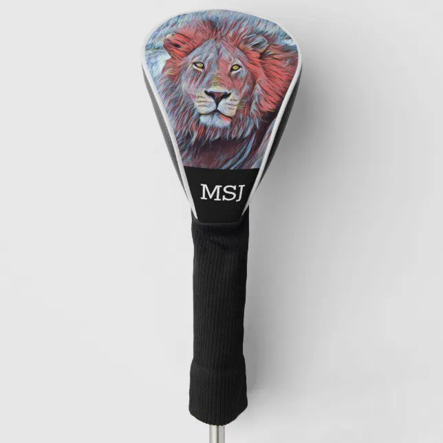 Majestic Lion Head in Red and Blue with Monogram Golf Head Cover | Zazzle