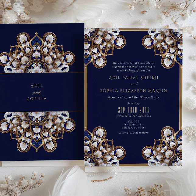 Majestic Midnight Blue and Gold Floral Wedding Invitation | Zazzle