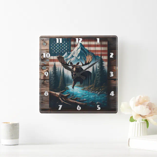 Majestic Moose Against American Flag Background Square Wall Clock | Zazzle