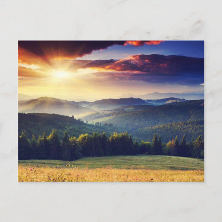 Majestic sunset in the mountains landscape 4 postcard | Zazzle