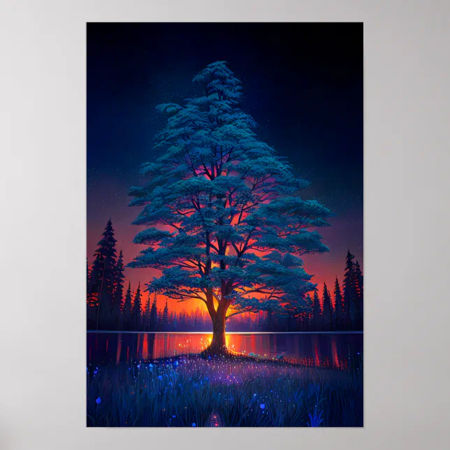 Majestic Tree, Red Sunset Poster | Zazzle