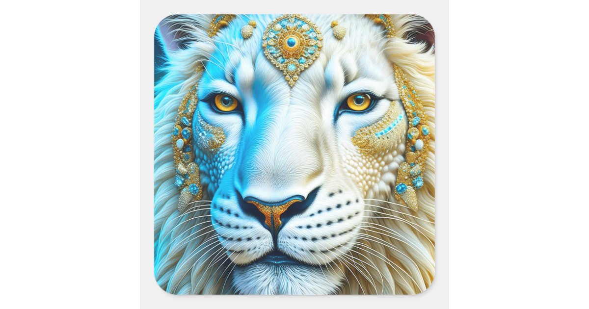 Majestic White and Gold Lion Square Sticker | Zazzle