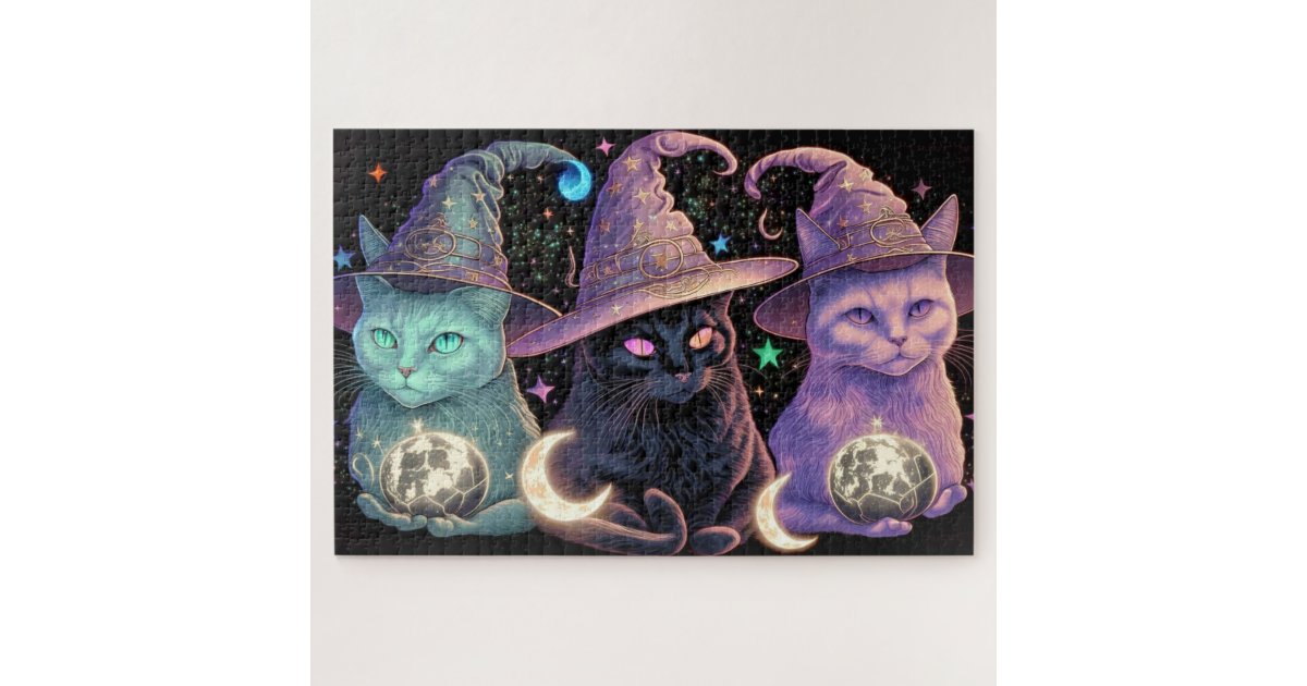 Majestic Witchy Cats Illustration Jigsaw Puzzle | Zazzle