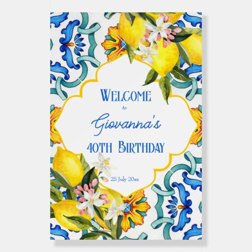 Majolica blue tiles lemons birthday welcome sign | Zazzle