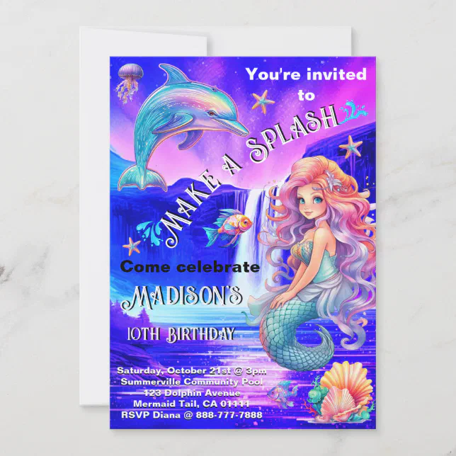Make A Splash Mermaid Magical Waterfall Birthday Invitation | Zazzle