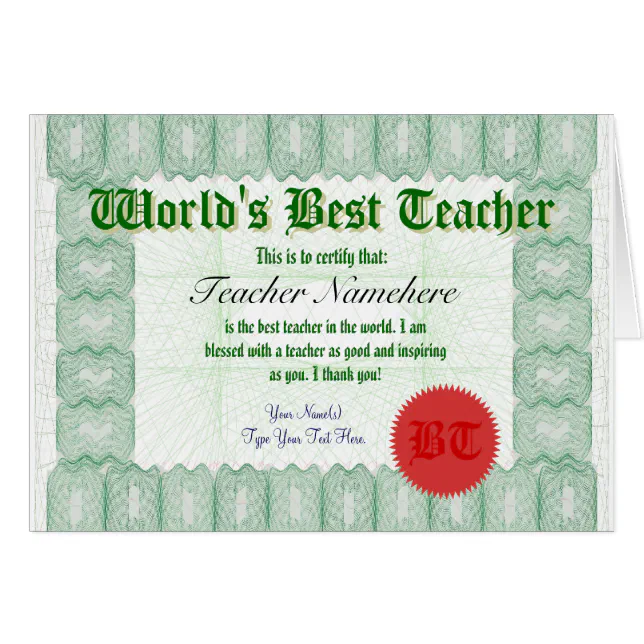 Make a World's Best Teacher Certificate Award Card | Zazzle