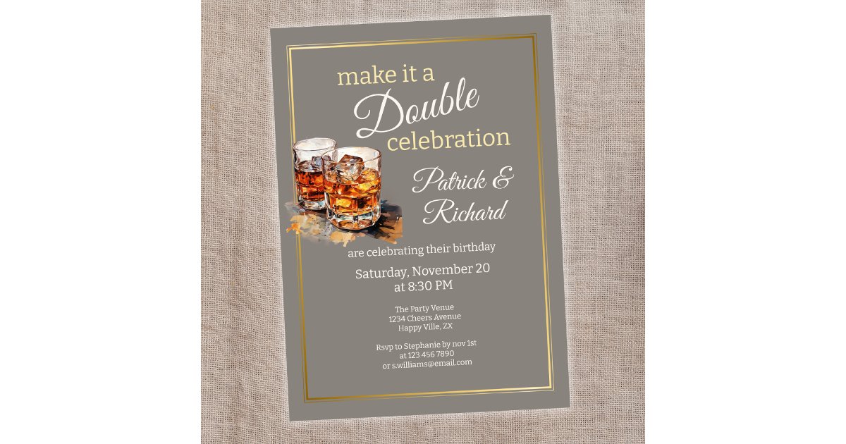 Make it a Double Celebration Grey Whiskey Glass Invitation | Zazzle