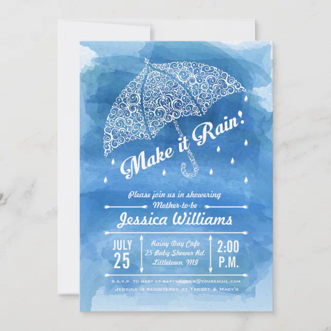 Make it Rain Watercolor Shower Invitation Blue | Zazzle