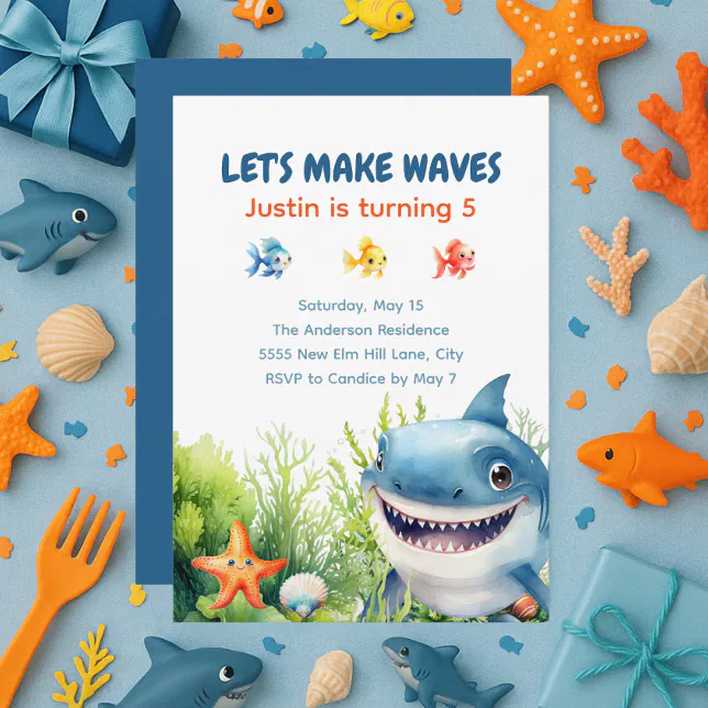 Make Waves Happy Shark Under the Sea Birthday Invitation | Zazzle