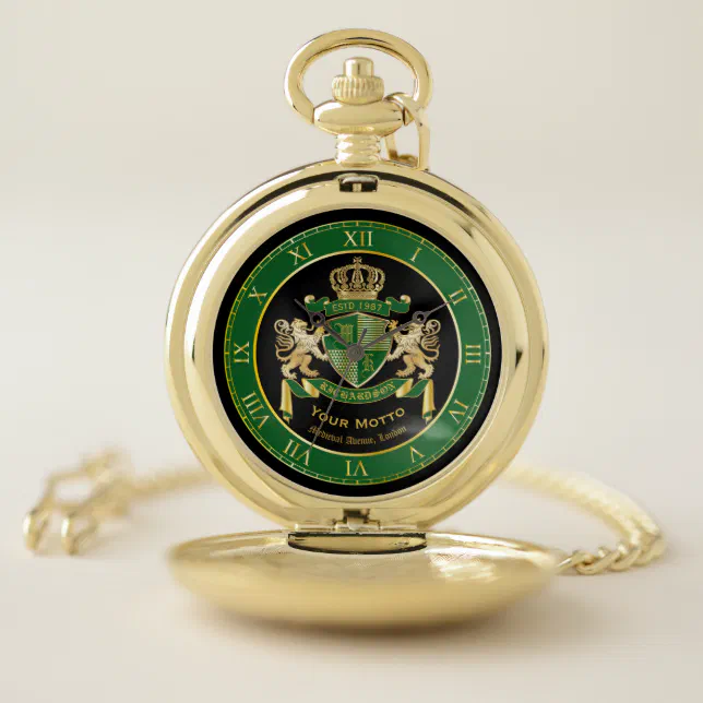 Make Your Own Coat of Arms Green Gold Lion Emblem Pocket Watch | Zazzle