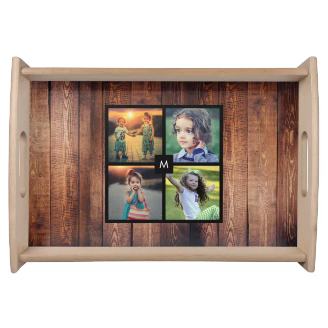 Make your own photo collage rustic wood monogram serving tray | Zazzle