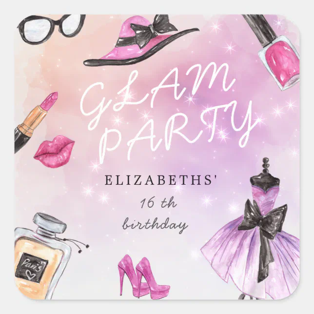 makeover glam sparkle birthday party square sticker | Zazzle