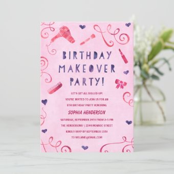 Makeover Party | Pink & Purple Girls Birthday Invitation | Zazzle