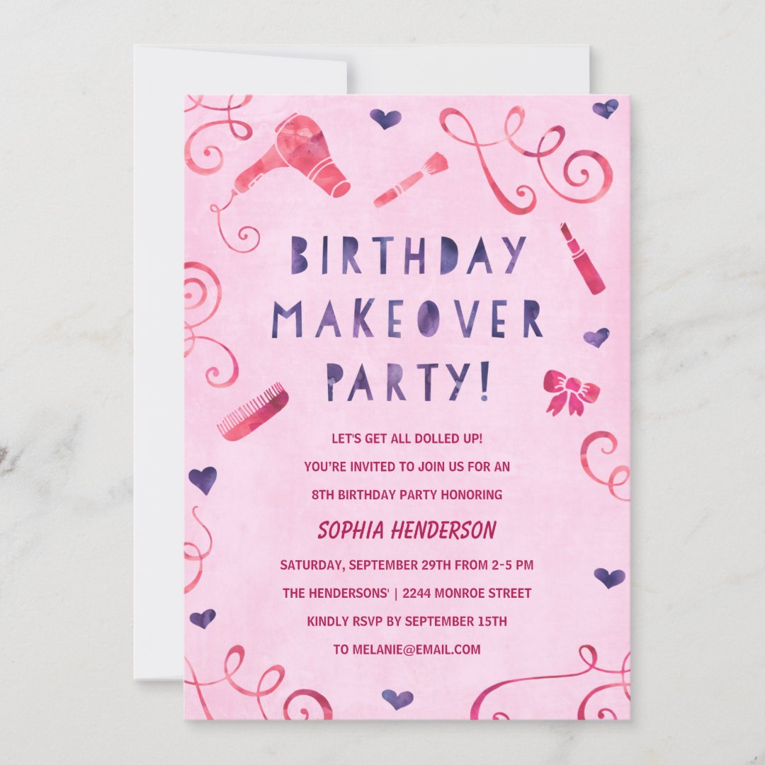 Makeover Party | Pink & Purple Girls Birthday Invitation | Zazzle