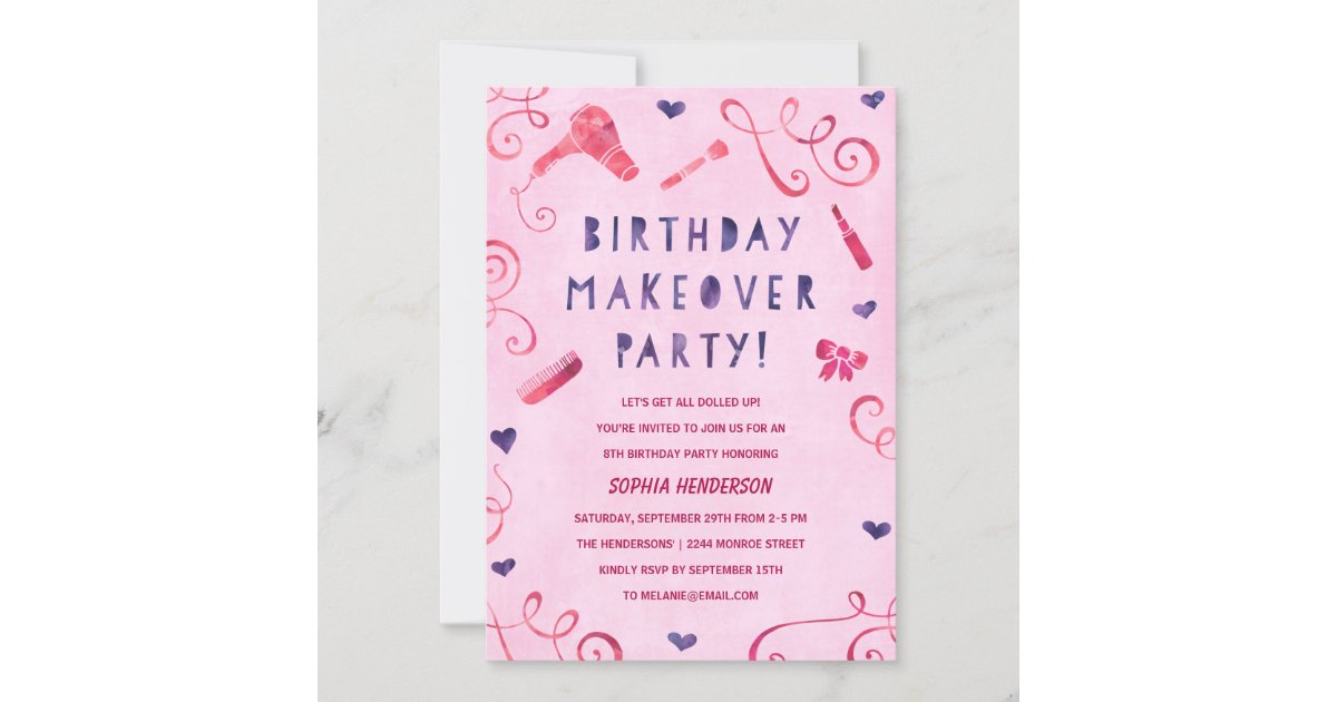 Makeover Party | Pink & Purple Girls Birthday Invitation | Zazzle