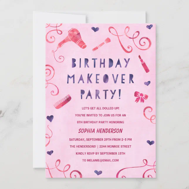 Makeover Party | Pink & Purple Girls Birthday Invitation | Zazzle