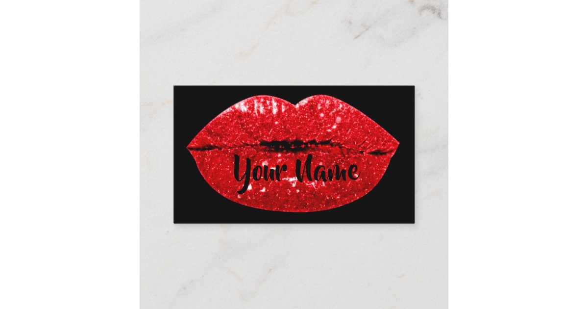 Makeup Artist Black Red Kiss Lips VIP Glitter Business Card | Zazzle