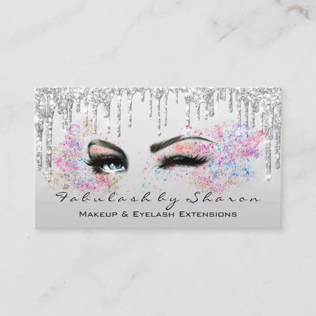 Makeup Artist Eyelash Lashes Glitter Drips Gray Business Card | Zazzle