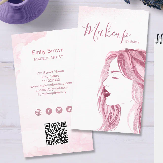 Makeup Artist Glitter Blush Pink Beauty QR Code Business Card | Zazzle
