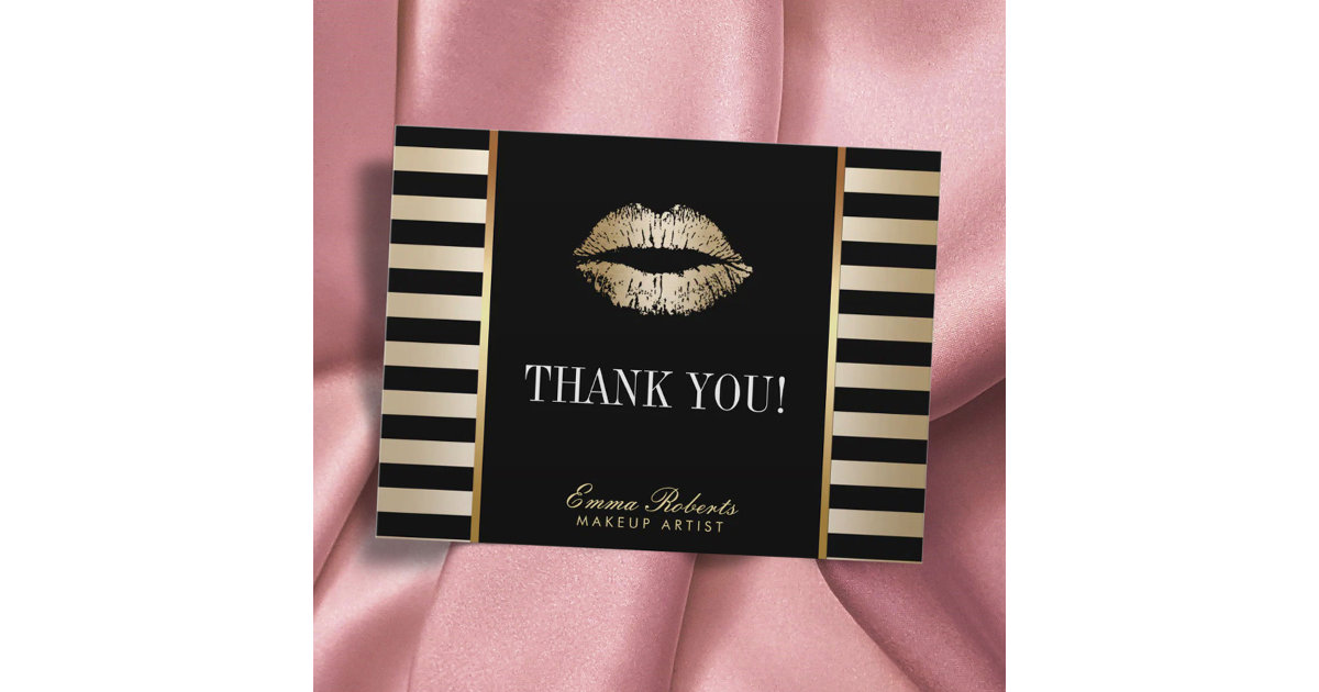 Makeup Artist Gold Lips Modern Stripes Thank You Postcard | Zazzle