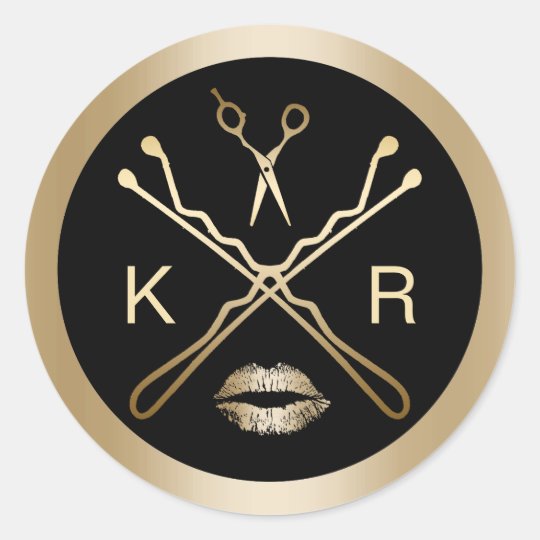 Makeup Artist Gold Scissor Lips Initials Salon Classic Round Sticker ...