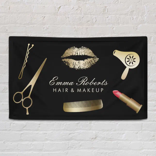 Makeup Artist Hair Stylist Modern Black & Gold Banner | Zazzle