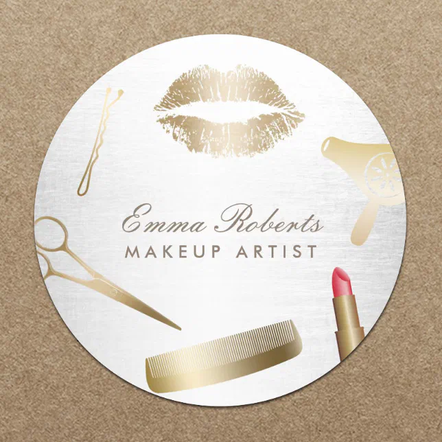 Makeup Artist Hair Stylist Modern Gold & Silver Classic Round Sticker ...