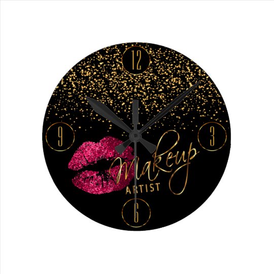 Makeup Artist Hot Pink Lips and Gold Confetti Round Clock | Zazzle.com