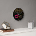 Makeup Artist Hot Pink Lips and Gold Confetti Round Clock | Zazzle