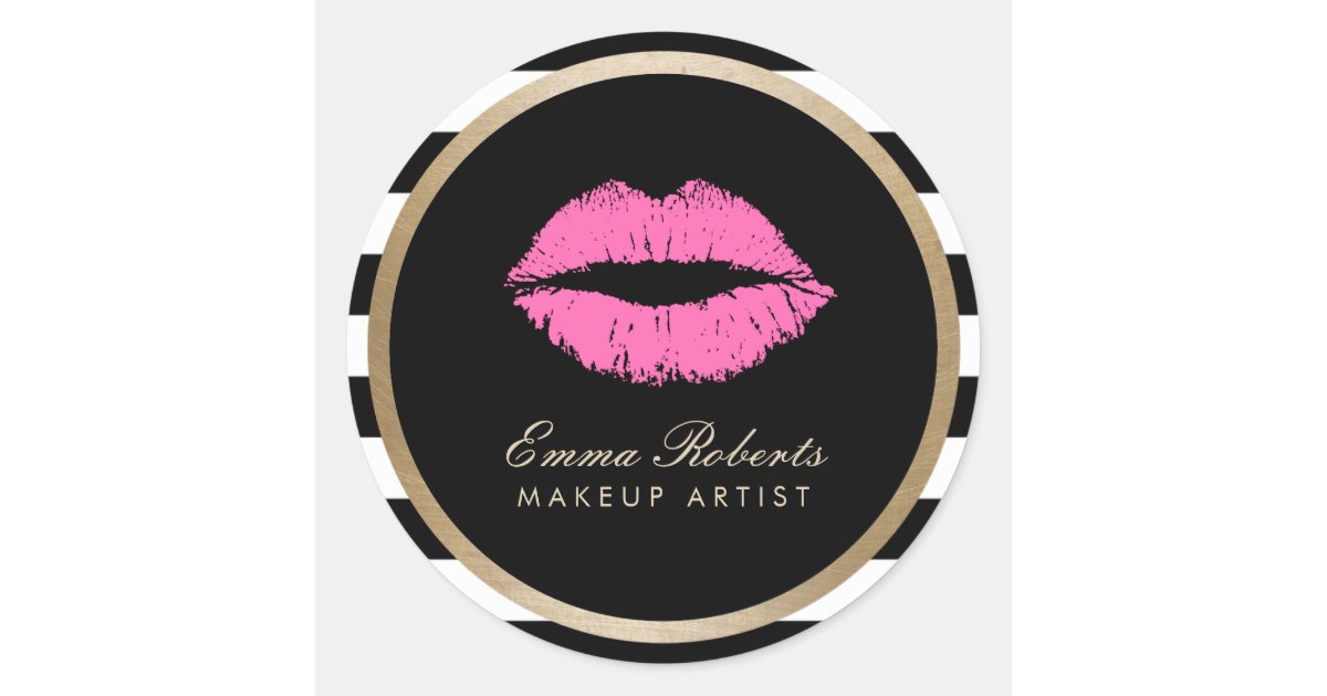 Makeup Artist Pink Lips Modern Black White Stripes Classic Round ...